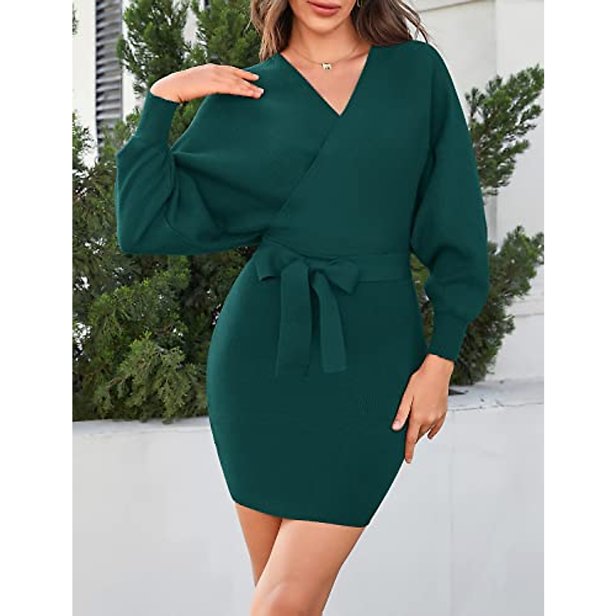 Zonsaoja Women's Sweater Mini Dress Long Sleeve Bodycon Wrap Knitted Dresses Green XS