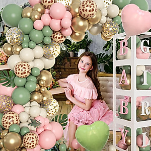 Amandir Baby Boxes Sage Green Baby Shower Decorations for Girl, Pink Gold Sage Green Balloon Arch Baby Blocks Letters Animal Jungle Safari Balloons Gender Reveal Two Wild One Birthday Party Supplies