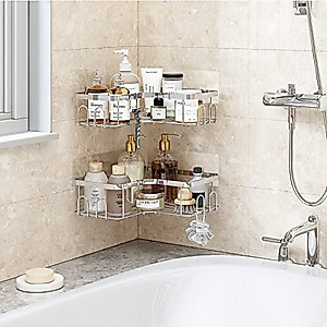 Fixwal 2 Pack Corner Shower Caddy, Adhesive Shower Corner Shelf Organizer with 4 Removable Hooks, No Drilling Shower Shelves for Bathroom Storage (Silver)