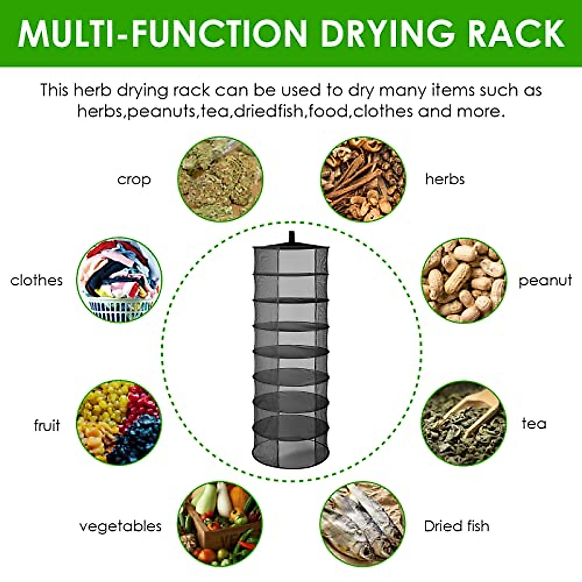 iPower 8-Layer 2ft Herb Drying Rack Black Mesh Hanging Net Dryer Collapsible with Opendoor, Pothook and Storage Bag, for Hydroponics Flowers, Buds, Fruits, Seafoods, Clothes, 2 Packs