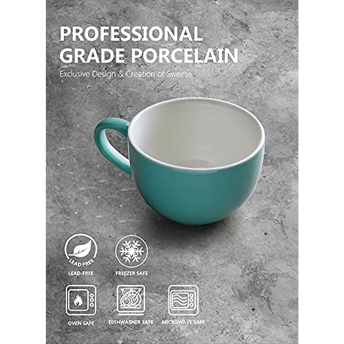 Sweese 622.402 Jumbo Mug Set- 24 Ounce Porcelain Mugs for Soup, Coffee, Tea, Ice Cream, Cereal, Set of 4, Turquoise
