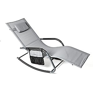 Wostore Rocking Lounger Patio Chaise Sunbathing Chair with Recliner Movable Sleep Bed Included Pillow and Breathable Texteline Farbic-Grey