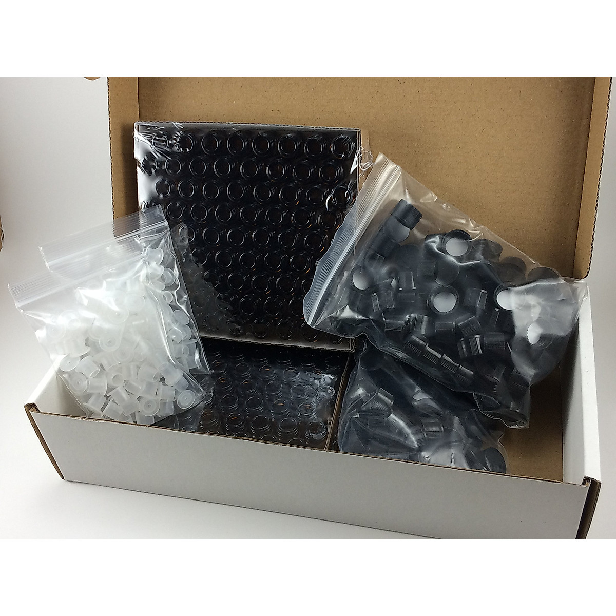 HS HEALTHY SOLUTIONS GLASSWARE WWW.EOILGLASSWARE.COM 1/4 Dram (1ml) AMBER Glass Vial (144)- Flat Black Screw Cap w/Orifice Reducer and Seal - Pack of 144