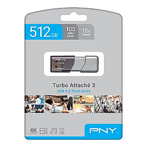 PNY 512GB Turbo Attache 3 USB 3.2 Flash Drive 100MB/s, Silver (Pack of 1)