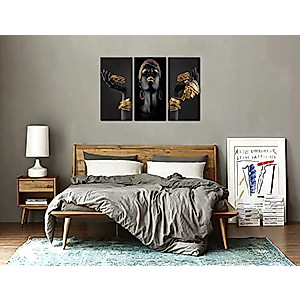 African Picture Wall Decor, Black Gold Wall Art Canvas Prints African Woman Paintings for Living Room Bedroom Bathroom Home Decor Framed (12''W x 24''H x3)