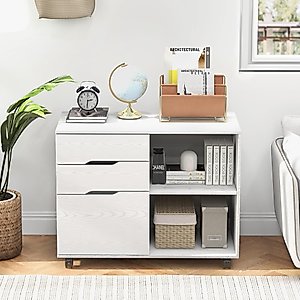 NEWBULIG 3-Drawer Mobile Cabinet,Wood Lateral Filing, Printer Stand with Open Adjustable Storage Shelves and Wheels for Home Office,White