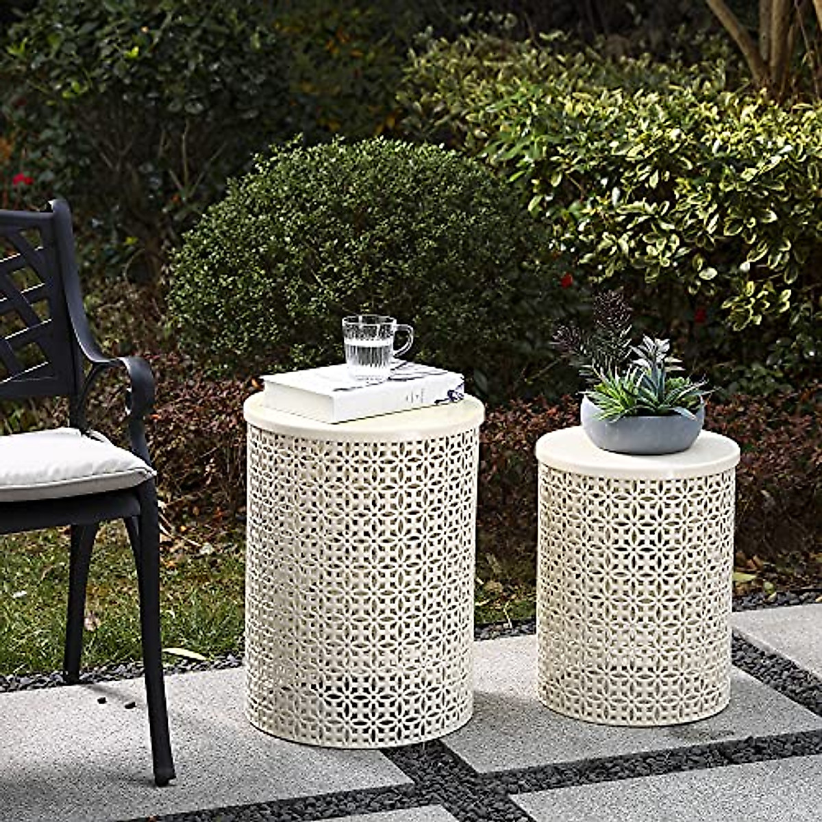 glitzhome Nesting Side Table Set of 2 Decorative Garden Stools for Indoor Outdoor Heavy Duty Metal Frame Modern End Table, Cream White