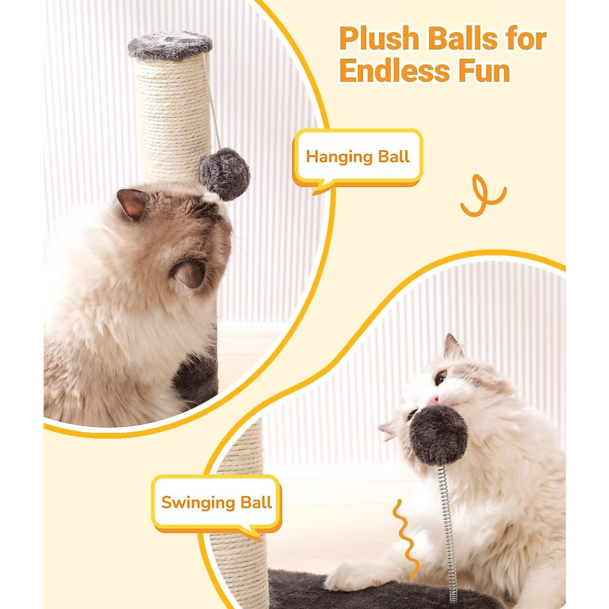 Happi N Pets 34“ Tall Cat Scratching Post for Big Cats, Natural Sisal Cat Scratchers for Indoor Cats, Heavy Duty Cat Stands Featuring with Cat Self Groomer and Hanging Toys, Free Catnip-Gray