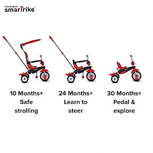 smarTrike Kids Adjustable Tricycle Push Bike Trike Ride On Toy with Parent Control Button for Toddler Ages 15 Months to 3 Years, Red