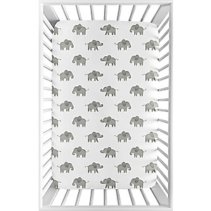 Sweet Jojo Designs Grey and White Baby Boy or Girl Unisex Fitted Mini Portable Crib Sheet for Watercolor Elephant Safari Collection - for Mini Crib or Pack and Play ONLY