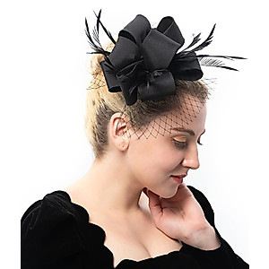 Myjoyday Women's Fascinators Hat for Tea Party Church Cocktail, Feathers Veil Headband with Hair Clip (Black)