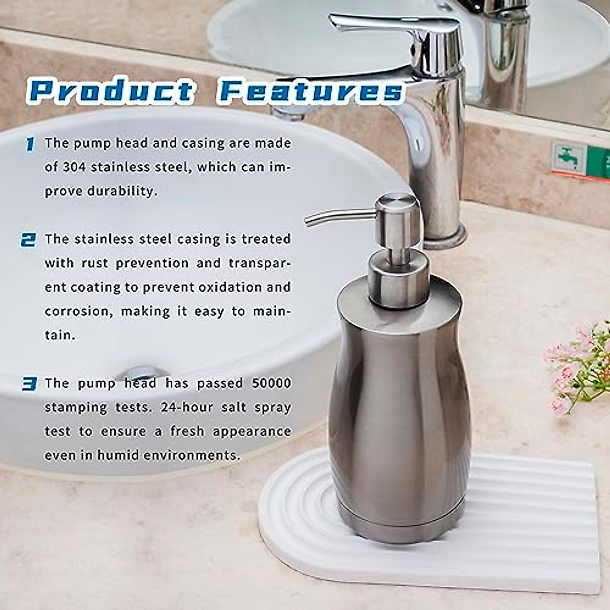 ZEBEYIMA Brushed Stainless Steel Countertop Soap Dispenser Rust and Leak Resistant Hand Soap Pump with Funnel for Kitchen Countertops and Bathroom Dispensers (13.5 oz/400 ml)…