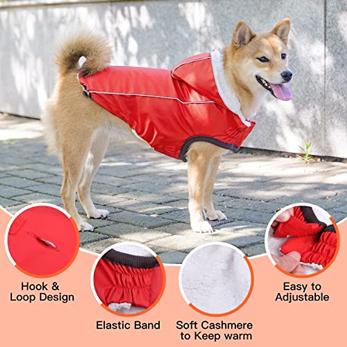 DILLYBUD Winter Dog Raincoat Jacket, Waterproof Windproof Hooded Slicker Poncho with Fleece Liner and Leash Hole for Small to X-Large Dogs and Puppies Boys Girls Dog Clothes for Cold Days,Red S