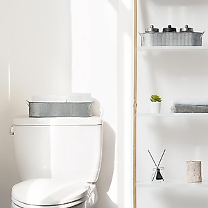 Mkono Metal Storage Basket for Toilet Tank Top Bathroom Decor, Galvanized Tray with Handle for Shelves, Farmhouse Toilet Paper Holder Organizing Bin Box for Countertop Living Room, Set of 2, Silver