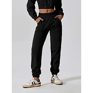 ABOCIW Sweatpants Women Fleece Lined Baggy Winter Thick Warm High Waisted Sweat Pants Casual Athletic Joggers with Pockets Y2k Trendy Lounge Trousers Black Medium