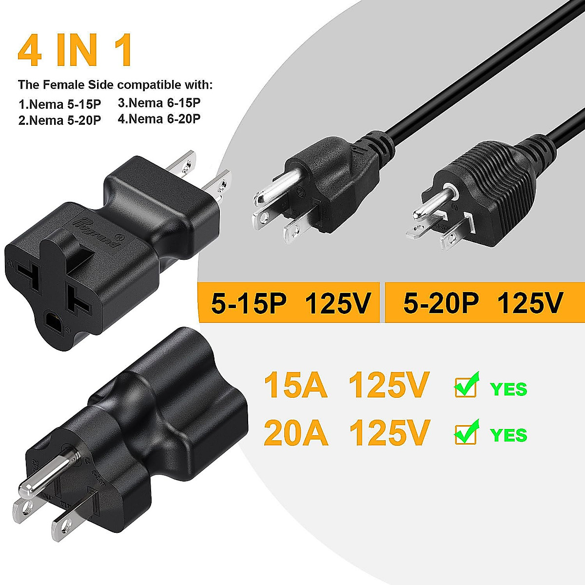 【5Pack Four-in-One 4-in-1 15 Amp Household AC Plug to 20 Amp T Blade Adapter,5-15P to 5-20R,5-15P to 6-15R,5-15P to 6-20R, 4 in 1 AC Power Adapter,15A 125V to 20A 250V Adapter