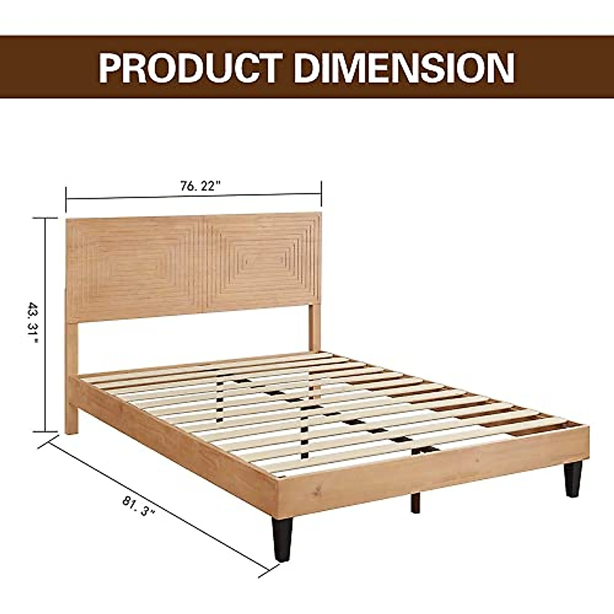 MUSEHOMEINC Mid Century Modern Solid Wood Platform Bed,King Size Bed Frame with Adjustable Height Headboard, Wood Slat Support Bed Frame, Bed Frame No Box Spring Needed