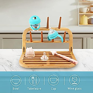SILICOCO Baby Bottle Drying Rack, Bamboo Dish Drying Rack Foldable Organizer Holder with Locking Buckle, Baby Bottle Holder for Plastic Bags, Cups, Accessories