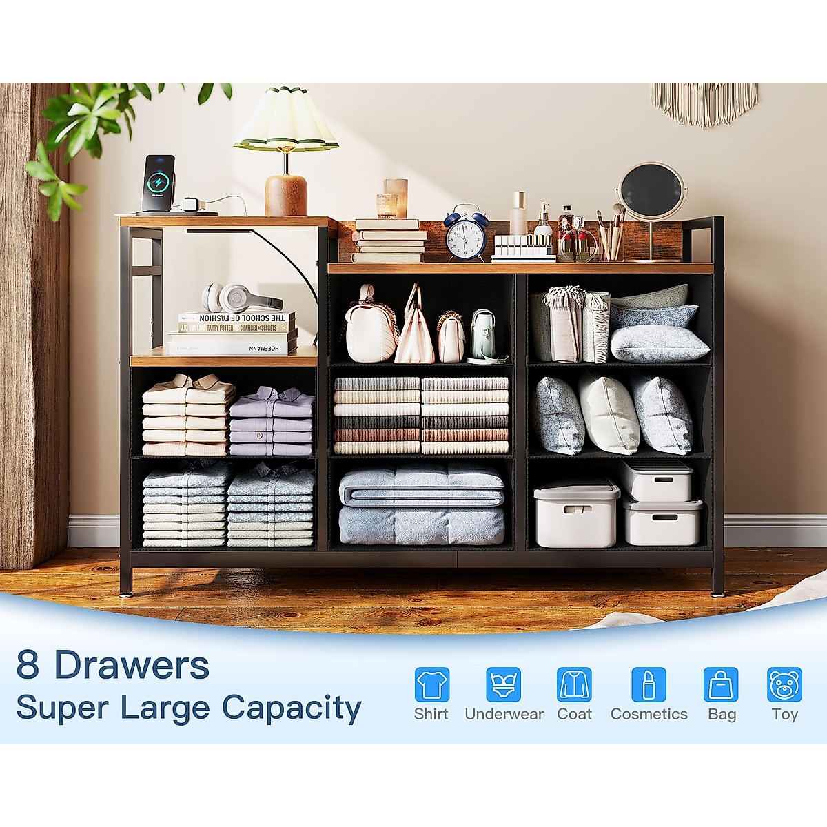 Casaottima Dresser for Bedroom with Charging Station, 52" Long Dresser with 8 Storage Drawers, Large Fabric Dressers Chests of Drawers with Shelves, Black and Vintage