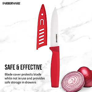 Farberware Ceramic 5-inch Utility Knife with Custom-Fit Blade Cover, Razor-Sharp Kitchen Knife with Ergonomic, Soft-Grip Handle, Dishwasher-Safe, 5-inch, Red