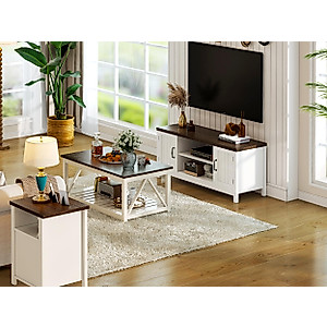 ChooChoo Farmhouse TV Stand, Wood Grooved Door Entertainment Center with Storage Cabinets and Open Shelves, Rustic Media Console up to 55 inches for Living Room, Bedroom, White