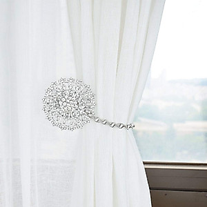 2PCS Magnetic Curtain Tiebacks European Style Sparkling Flower Window Curtain Bind Holdback Buckles Clips Tie Backs Drapery Holders with Stretchable Spring Wire Rope for Decoration,Silvery