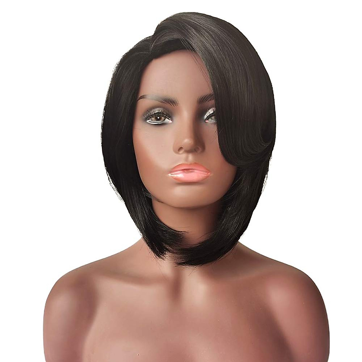 SCENTW Short Cut Bob Synthetic Wigs for Women Heat Resistant Costume African American Wigs with Side Bangs Natural Black Full Wigs Look Real (8764 BLACK)