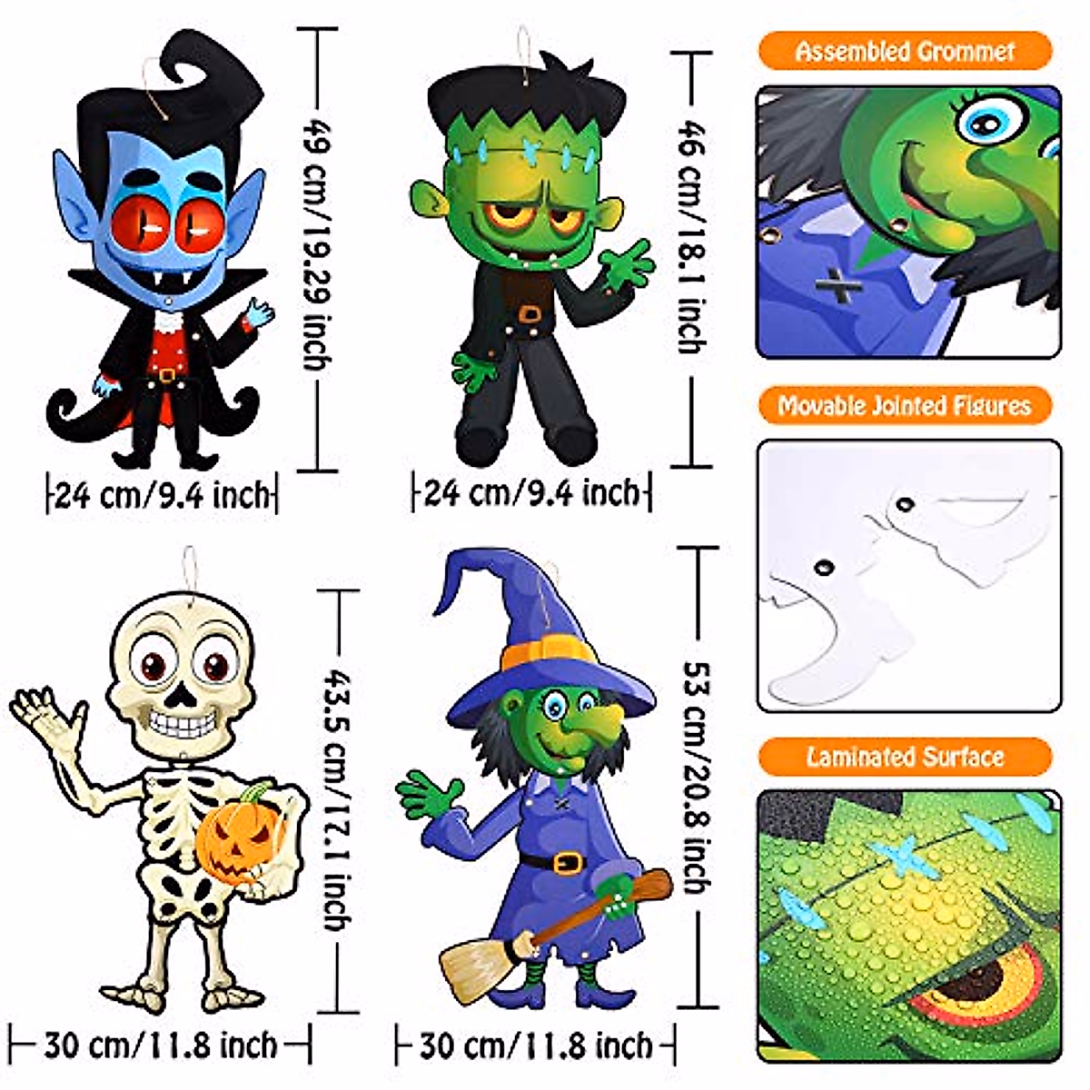 Sumind 4 Sets Funny Halloween Party Decoration Jointed Figures Halloween Door Hanger, Hanging Halloween Wall Decoration Signs Vampire, Skeleton, Witch, Zombie Banners for Halloween Party Decor