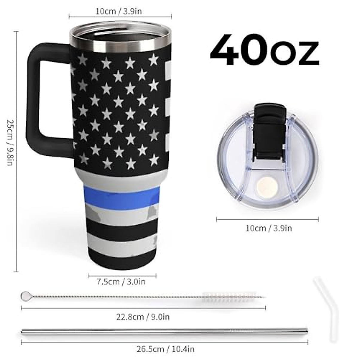 Large Capacity Stainless Steel Cup, Funny American Thin Blue Line Flag Police Pattern Black Handle Insulated Tumbler with Lid and Straw, 40 oz Water Bottle for Meeting, Travel