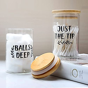 2 Pack Glass Qtip Holder Bathroom Set with Vanity Tray,Apothecary Jars with Bamboo Lids,Bathroom Cotton Ball and Qtip Organizer Storage Container Glass Jar Set