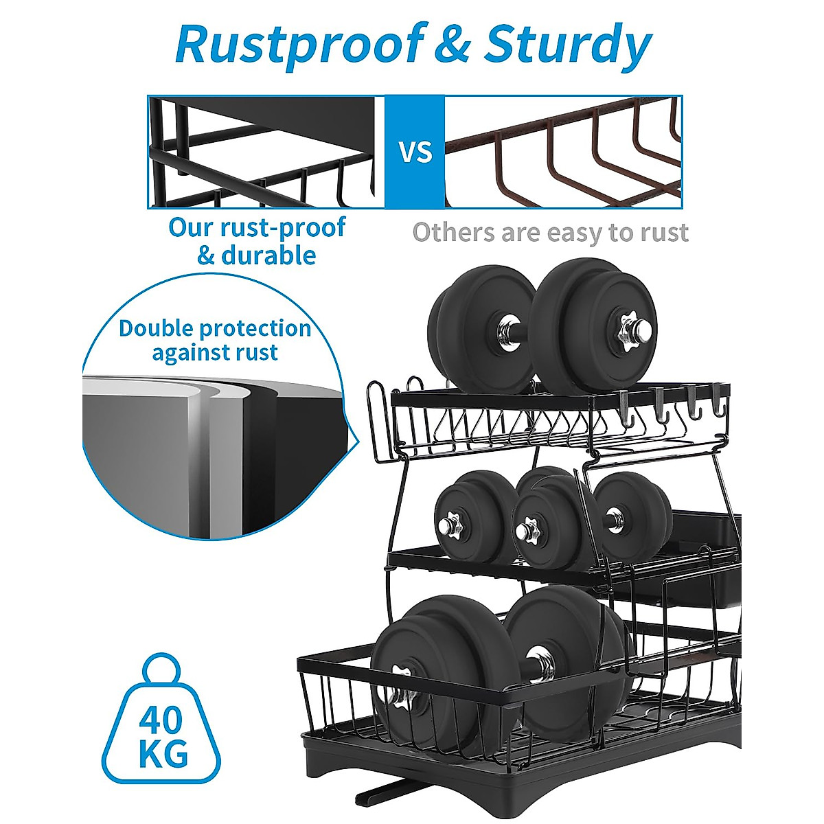 3 Tier Dish Drainer Rack for Kitchen Counter, Large Capacity Dish Drying Rack with 360° Rotating Drainboard, Dish Drainers for Kitchen Sink, Countertop Large Detachable Stainless Steel Dish Rack