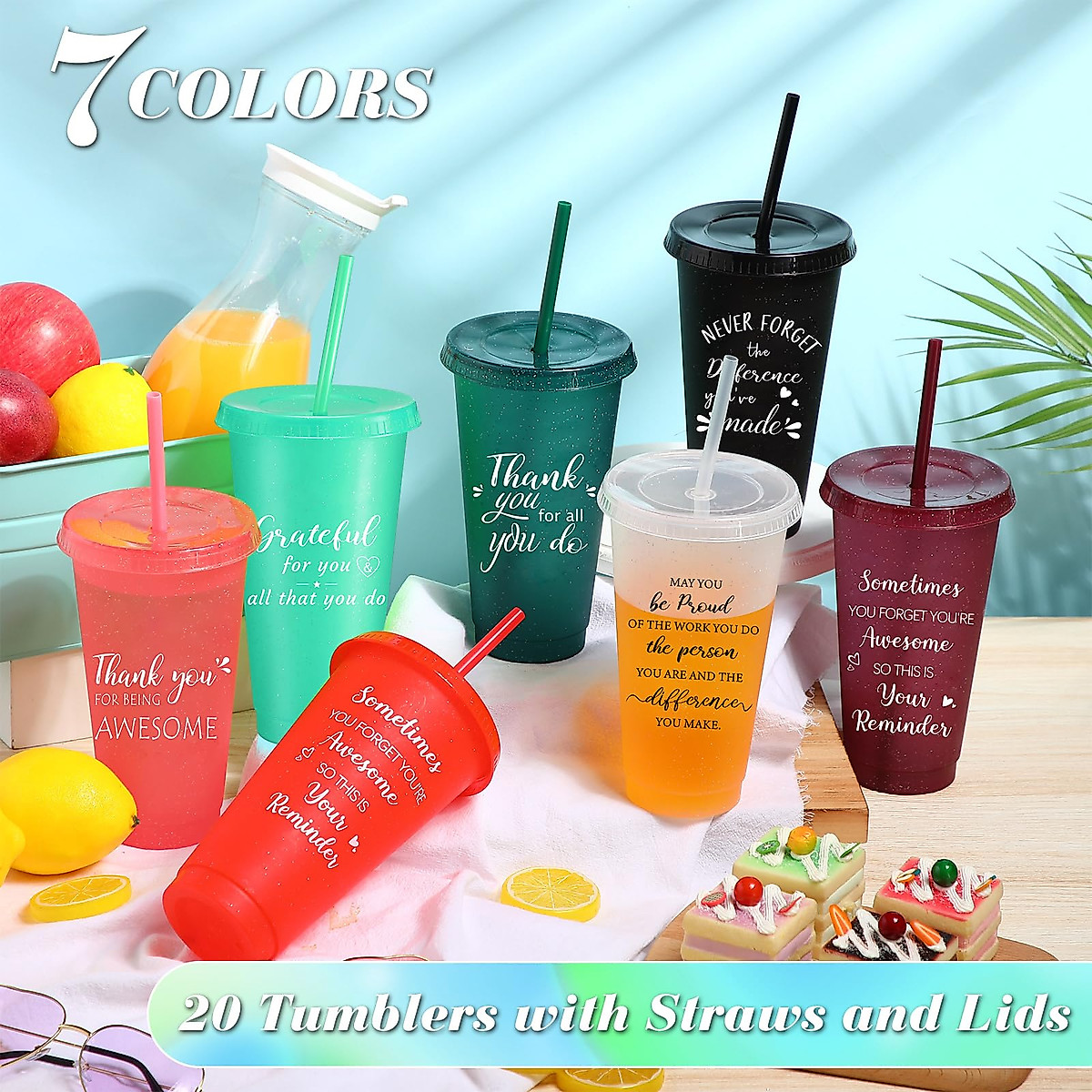Zhehao 20 Pcs Thank You Cup Tumblers Employee Appreciation Gifts Bulk, 24 oz Plastic Coffee Cups with Straws and Lids, Team Gifts for Staff Coworker Friends(Bright Colors)