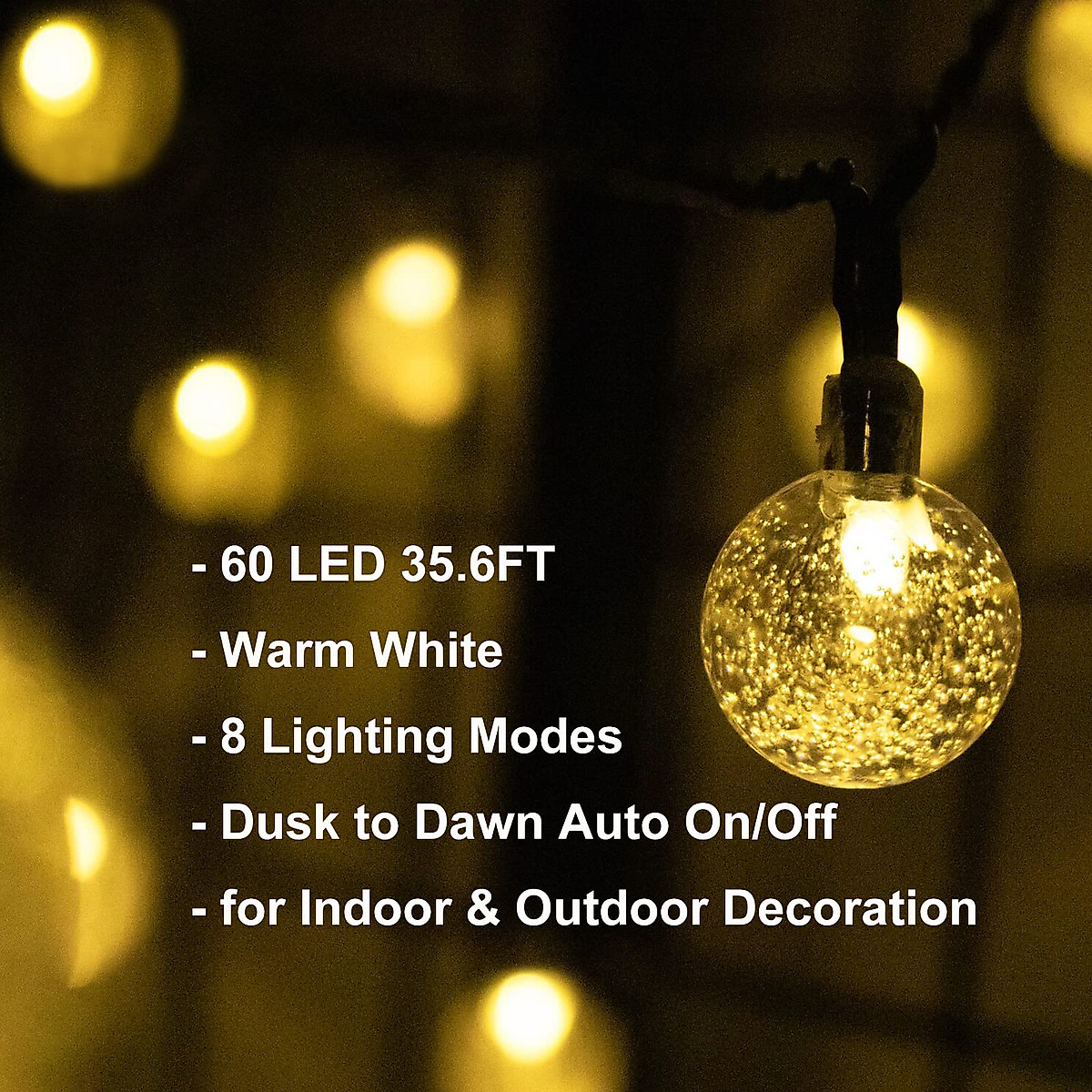 Solar Outdoor String Lights 60 LED Waterproof Solar Powered Patio Lights with 8 Lighting Modes, Crystal Globe Lights for Outside Garden Porch Balcony Yard Wedding Party Decor, 35.6FT, Warm White