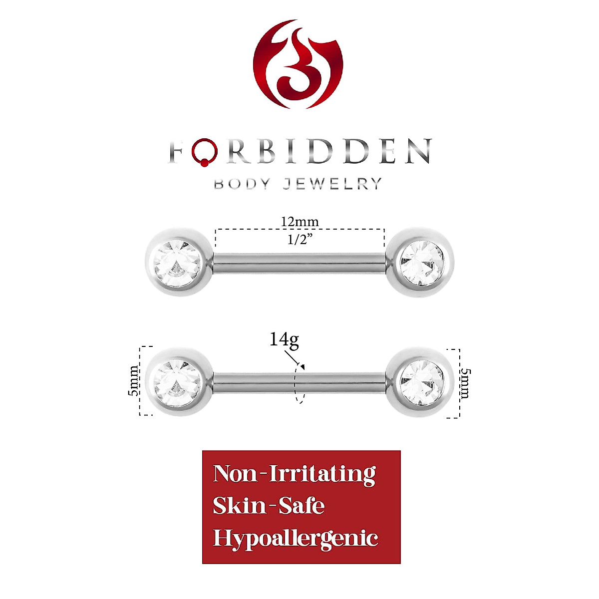 Forbidden Body Jewelry 14g Nipple Ring Barbells Set of 2, Pair of Clear CZ 12mm (1/2 Inch) Barbells with 5mm Balls