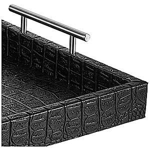 American Atelier Alligator Leather Serving Tray with Metal Handles, Black Large