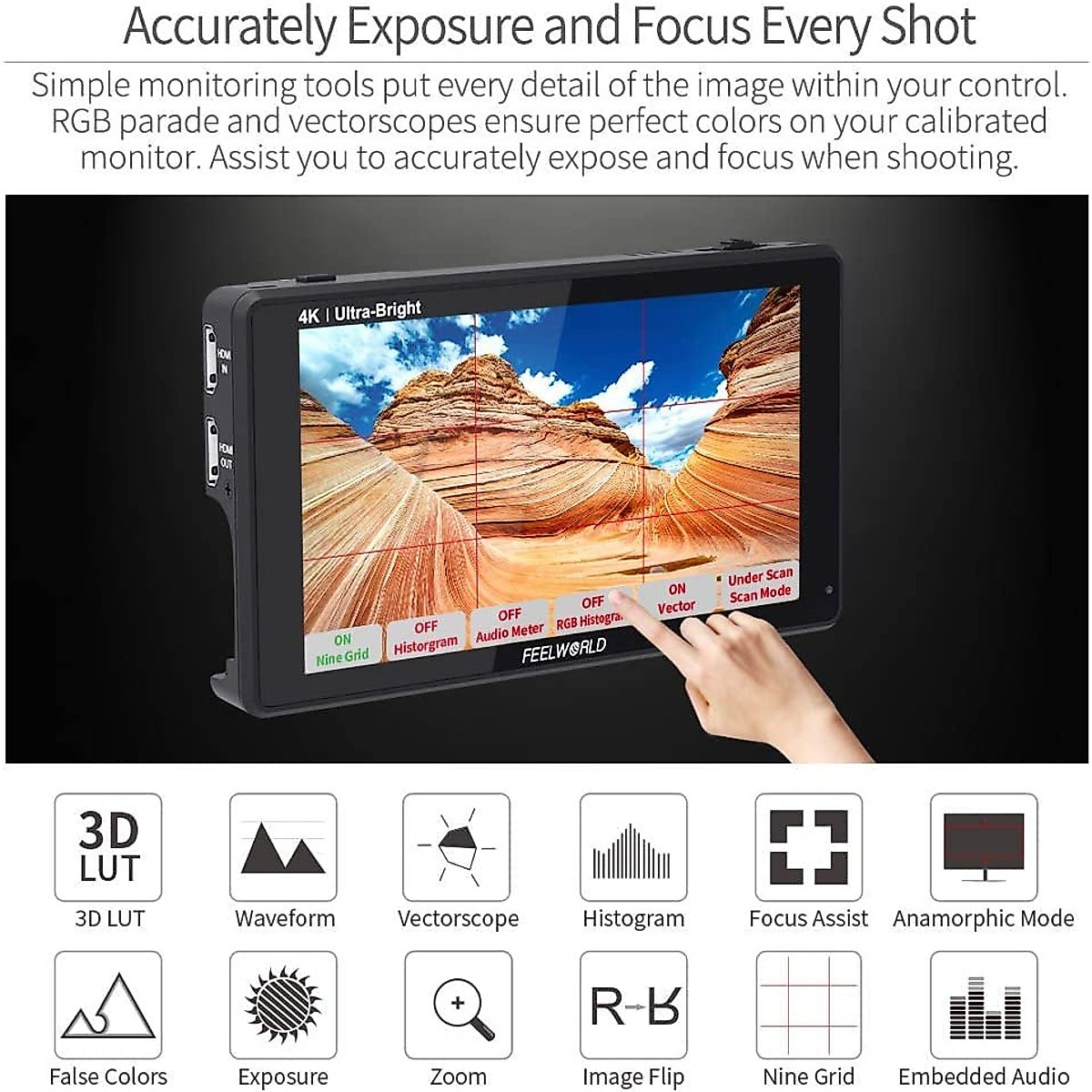 FEELWORLD LUT6 6 Inch 2600nits HDR 3D LUT Touch Screen DSLR Camera Field Monitor with Waveform VectorScope Histogram 4K HDMI Input Output 1920X1080 IPS Panel