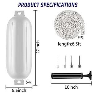 VOYOCHT 8.5 x 27 Inches Twin Eyes Ribbed Boat Fenders 4 Pack Boat Fenders Bumpers with Lines and Pump to Inflate for Docking (White)