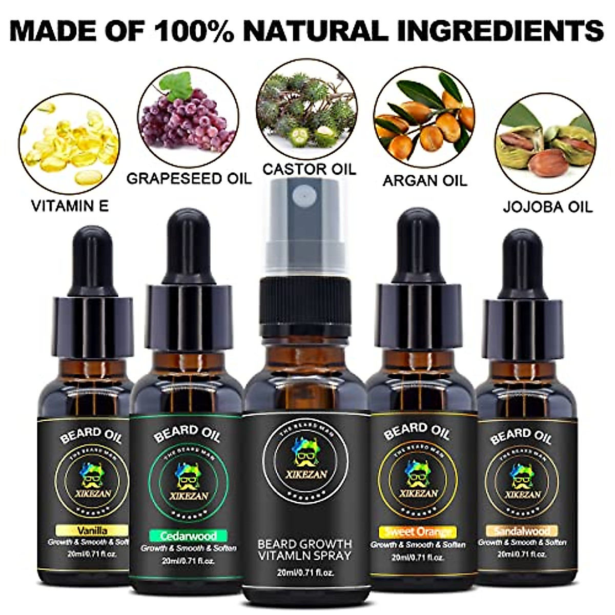 Beard Oil 5 Pack w/Unscented,Cedarwood,Sandalwood,Vanilla,Orange,Christmas Stocking Stuffers Fathers Valentines Day Gifts for Men Him Dad Boyfriend Husband,Beard Growth,Soften,Moisturizing,Strength