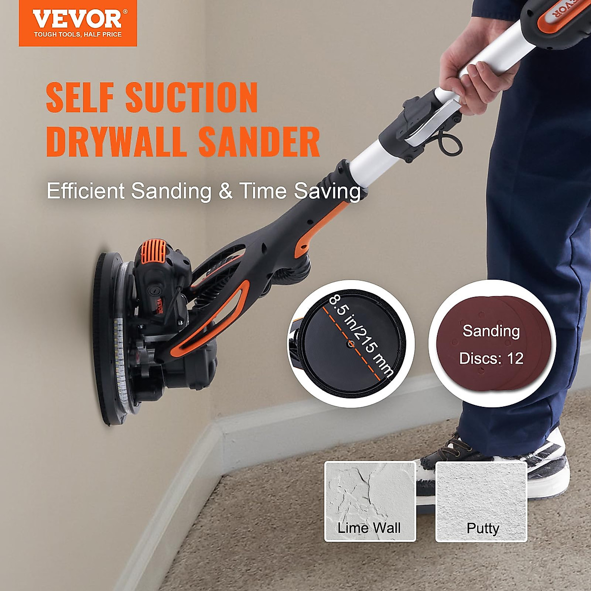 VEVOR Drywall Sander, 900W Electric Sander with 12 Sanding Discs, Variable Speed 800-1800 RPM Wall Sander with 3 Suction Ducts, Foldable Ceiling Sander & 2 LED Lights, Extendable Handle, Dust Bag