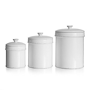 American Atelier Bianca Dash Canister Set 3-Piece Ceramic Jars in 30oz, 70oz and 122oz Chic Design with Lids for Cookies, Candy, Coffee, Flour, Sugar, Rice, Pasta, Cereal & More, White 1, 3 Count