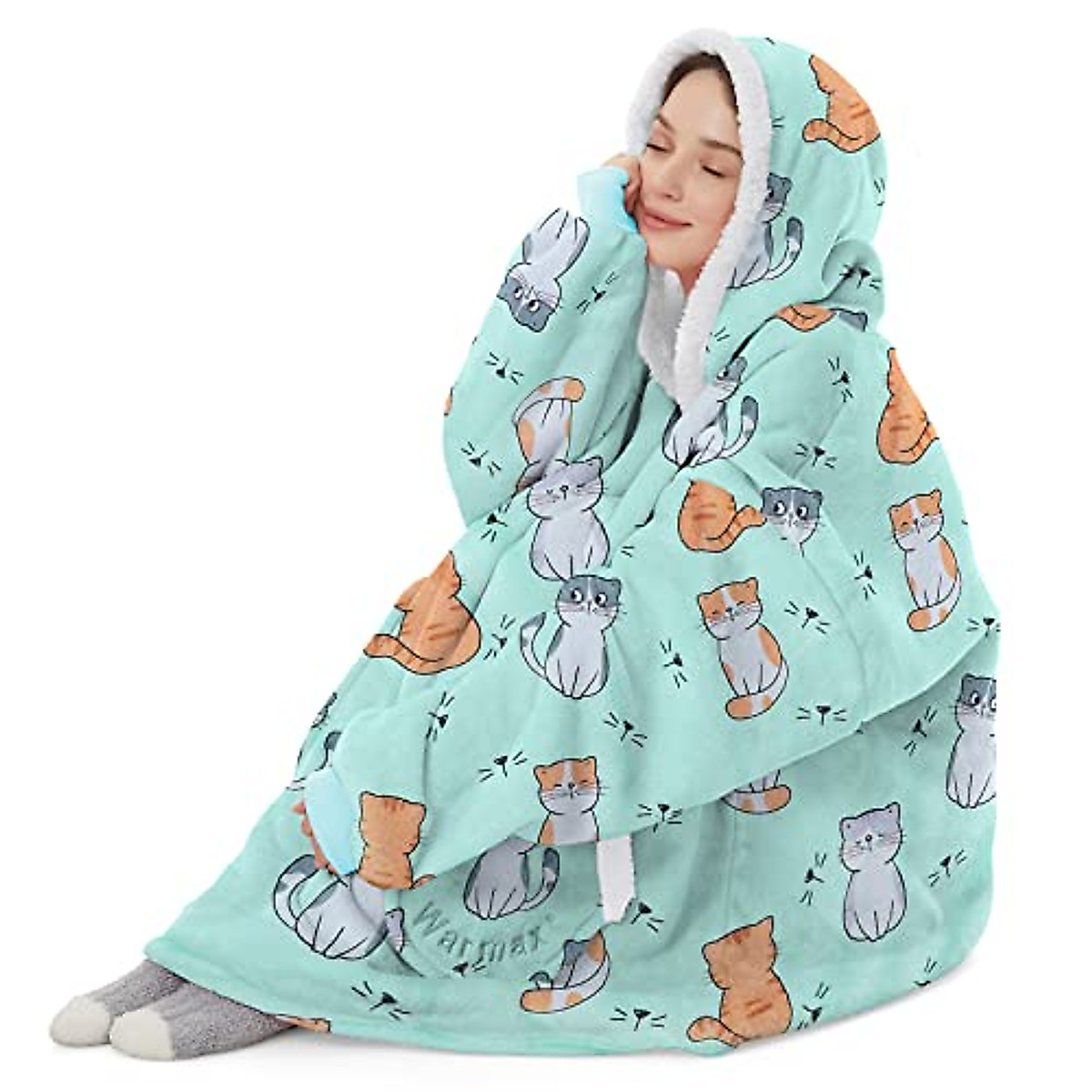 Durio Wearable Blanket Hoodie Cute Patterns Blanket Sweatshirt for Women Men Sherpa Fleece Hooded Blanket Hooded Sweatshirt Cat One Size