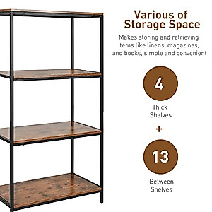 ECOMEX 4 Tier Bookshelf, Tall Bookcase with Metal Frame for Stroge,Industrial Bookshelf and Bookcases for Bedroom,Livingroom,Office Brown