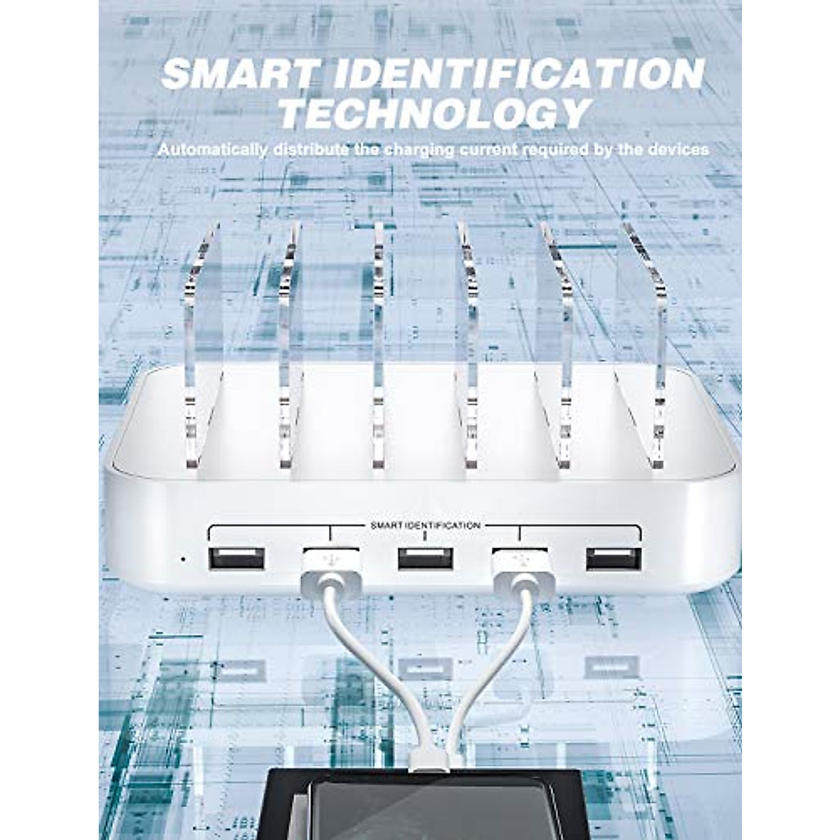 Charging Station for Multiple Devices - 5 in 1 Charging Dock Built-in AC Adapter with 5 USB Fast Ports and 8 Short Cables Charging Stand for iWatch, Airpods, Cell Phones, Smart Phones, Tablets (WHITE)