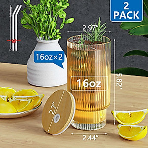 CWHHRN 16OZ Glass Cups with Lids and Straws, Vintage Ribbed Glassware for Whiskey Cocktail Beer, Iced Coffee Cups with Lid, Glass Tumbler with Straw and Lid (2 PACK)