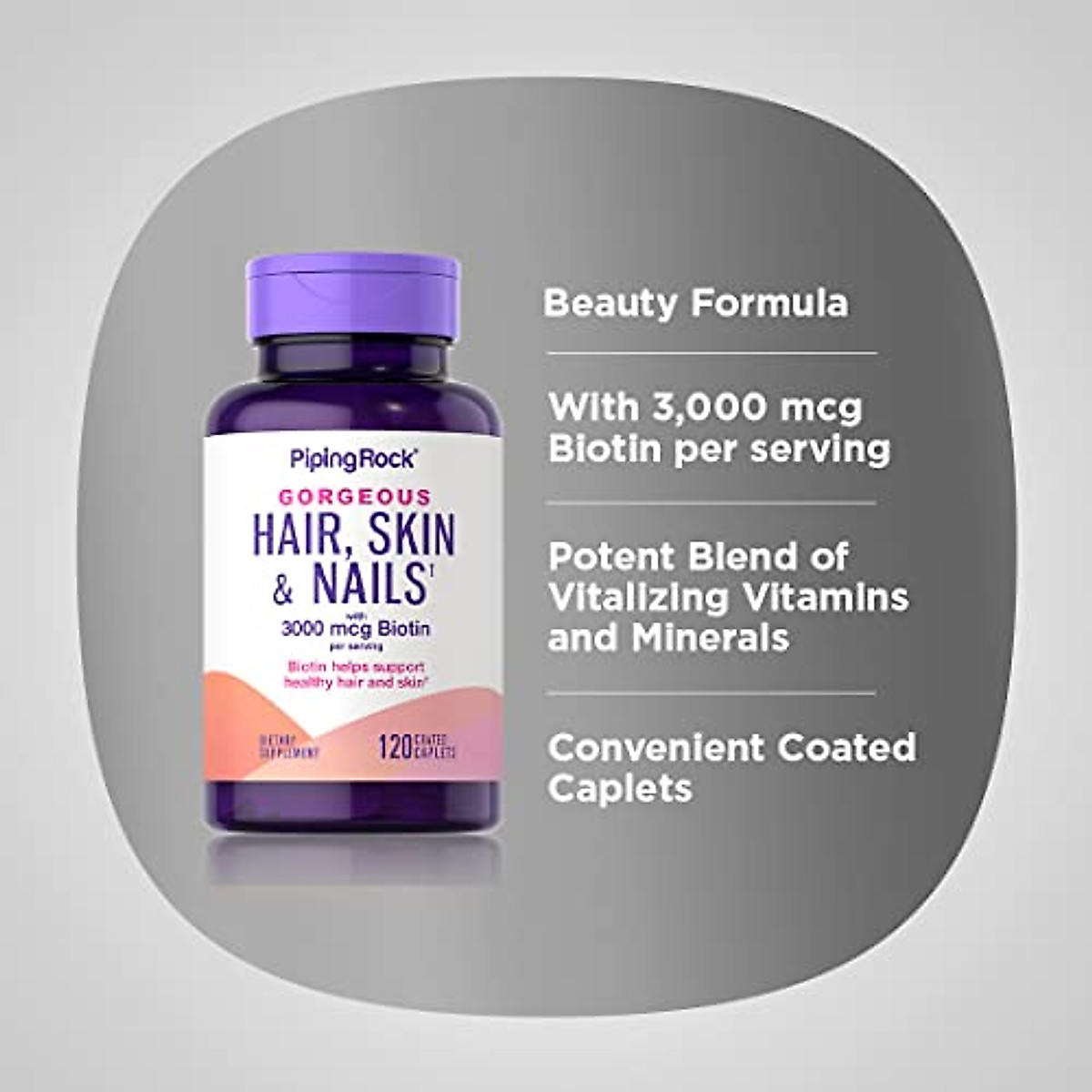 Piping Rock Hair Skin and Nails Vitamins | 120 Caplet Pills | 3000 mcg of Biotin | with Collagen | Multivitamin | Non-GMO, Gluten Free Supplement