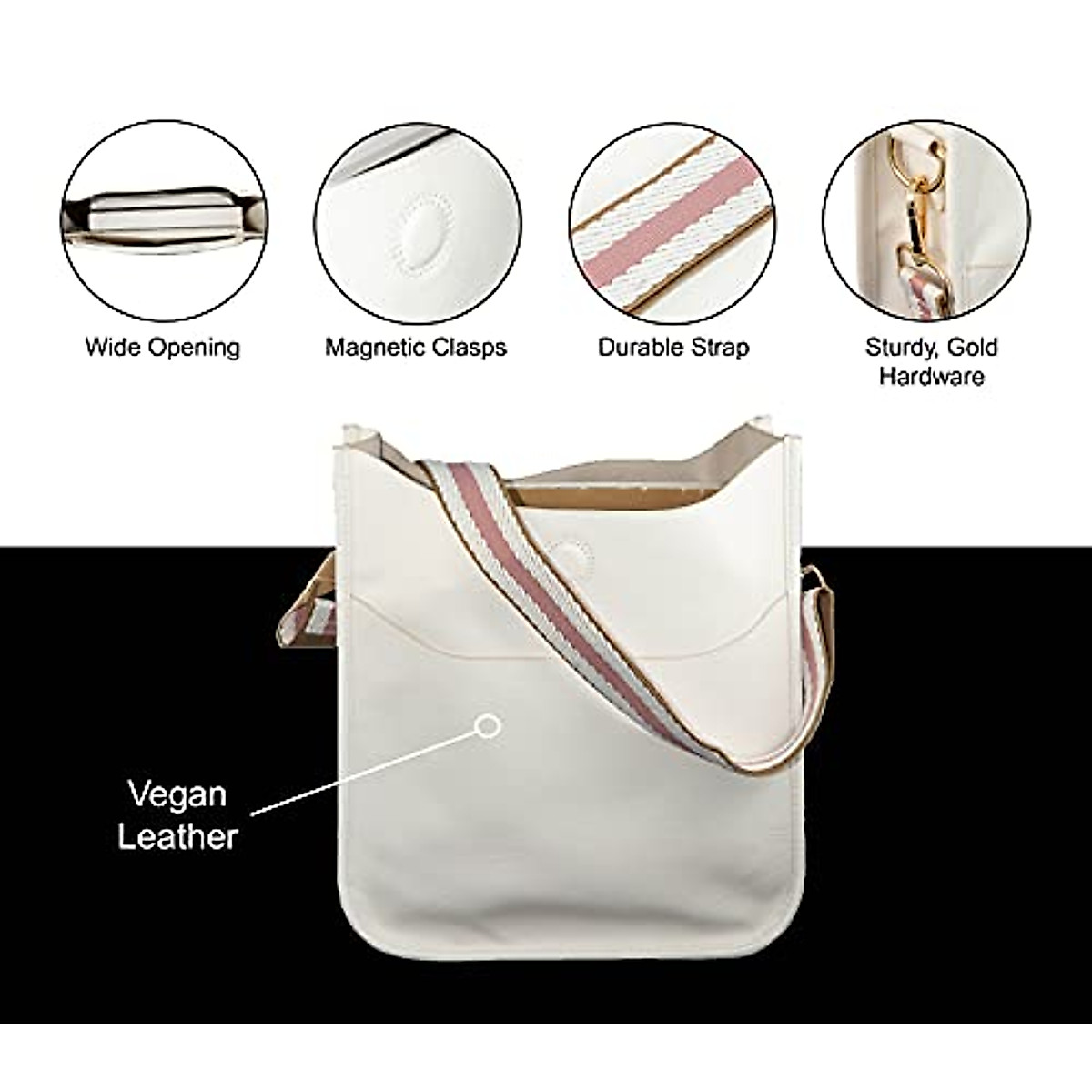 Pinafore Vegan Leather Crossbody Fashion Shoulder Bag | Soft, Magnetic Closure Handbag Purse for Women with Adjustable & Removable Guitar Strap, White