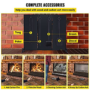 VEVOR Fireplace Screen, 47 x 34.3 Inch, 3-Panel Iron Freestanding Spark Guard with Support, Metal Craft, Broom Tong Shovel Poker Included, for Fireplace Decoration & Protection, Black