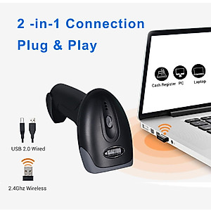 Rabitpos 1D 2D QR Barcode Scanner Wireless, Handheld Cordless Bar Codes Reader with 2000mAh Battery for Mobile Payment, Convenience Store, Supermarket, Warehouse Inventory