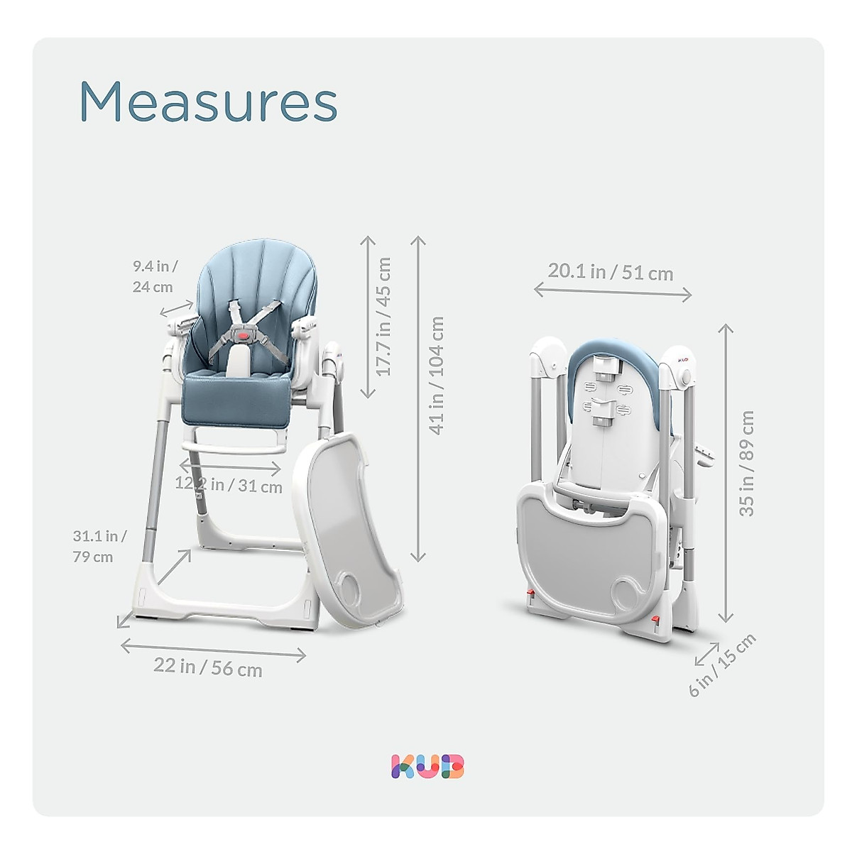 KÜB 3-in-1 Foldable Baby High Chair (Blue) | Multifunctional Infant HighChair for Babies & Toddlers | Removable Seat & Tray for Easy Clean | 7 Height & 4 Recline Adjustable | 2 Locking Wheels | Safe