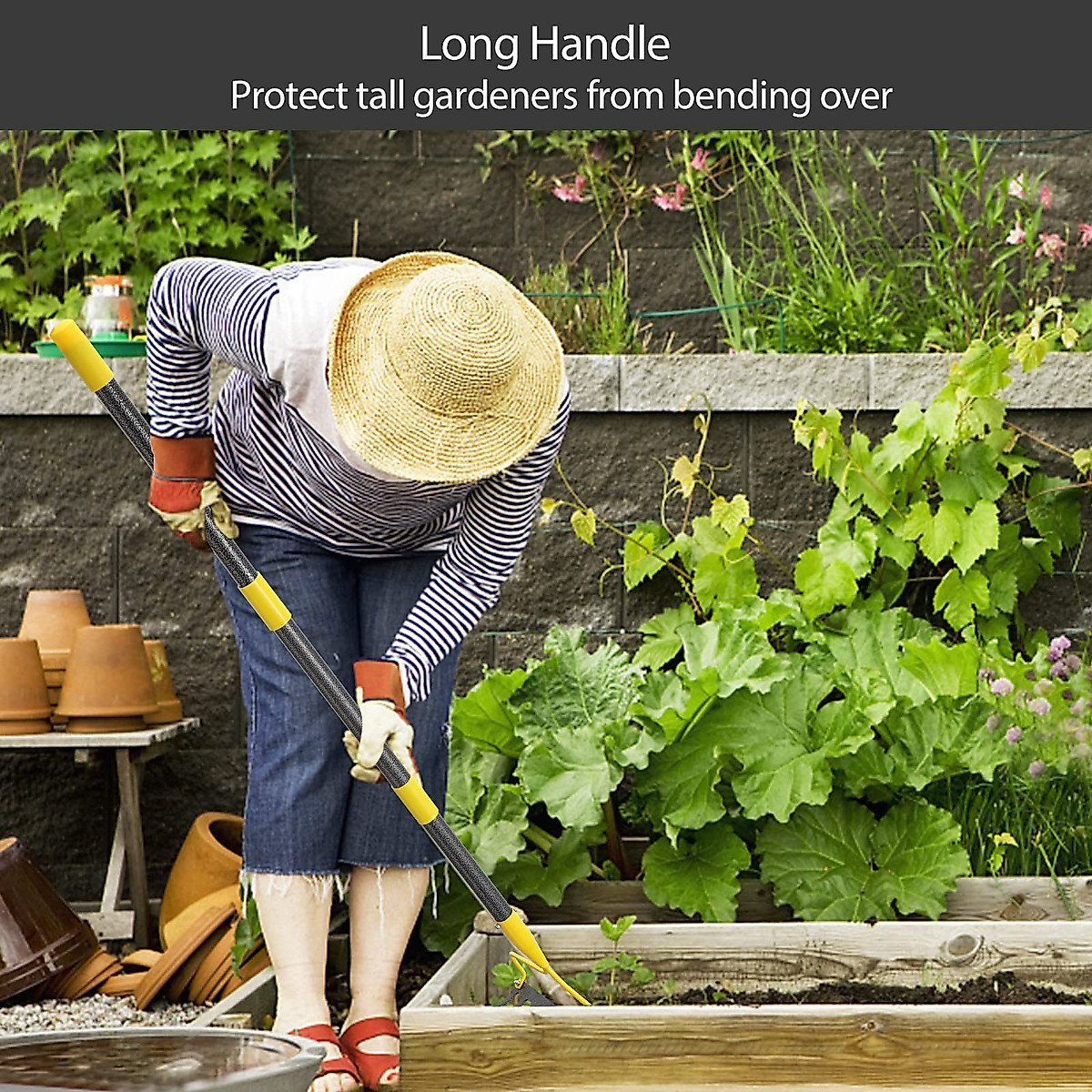 Garden Rake Metal, 12 Prongs 14" Wide Bow Rakes for Lawns Heavy Duty, Adjustable Rock Thatch Yard Rake for Leaves Gardening Loosening Soil Long Handle 32-60"